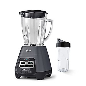 Oster Blender for Shakes, Smoothies and Salsas, 48 oz. Dishwasher-safe Glass Jar, 24-oz. Sports Bottle, 3 manual speeds and Pulse, Grey