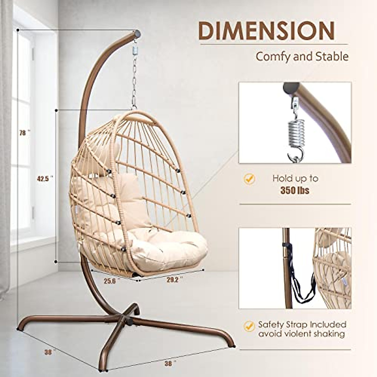 RADIATA Foldable Wicker Rattan Hanging Egg Chair with Stand, Swing Chair with Cushion and Pillow, Lounging Chair for Indoor Outdoor Bedroom Patio Garden (Beige with Stand)