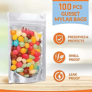 Stand Up Mylar Bags 4.5” x 6.5” +1.2" Heat Seal For Candy & Food Packaging, Medications And Vitamins - 100 Sealable Mylar Ziplock Bags with Gusset Bottom - For Liquid And Solids (4.5” x 5.5” + 1.18”)