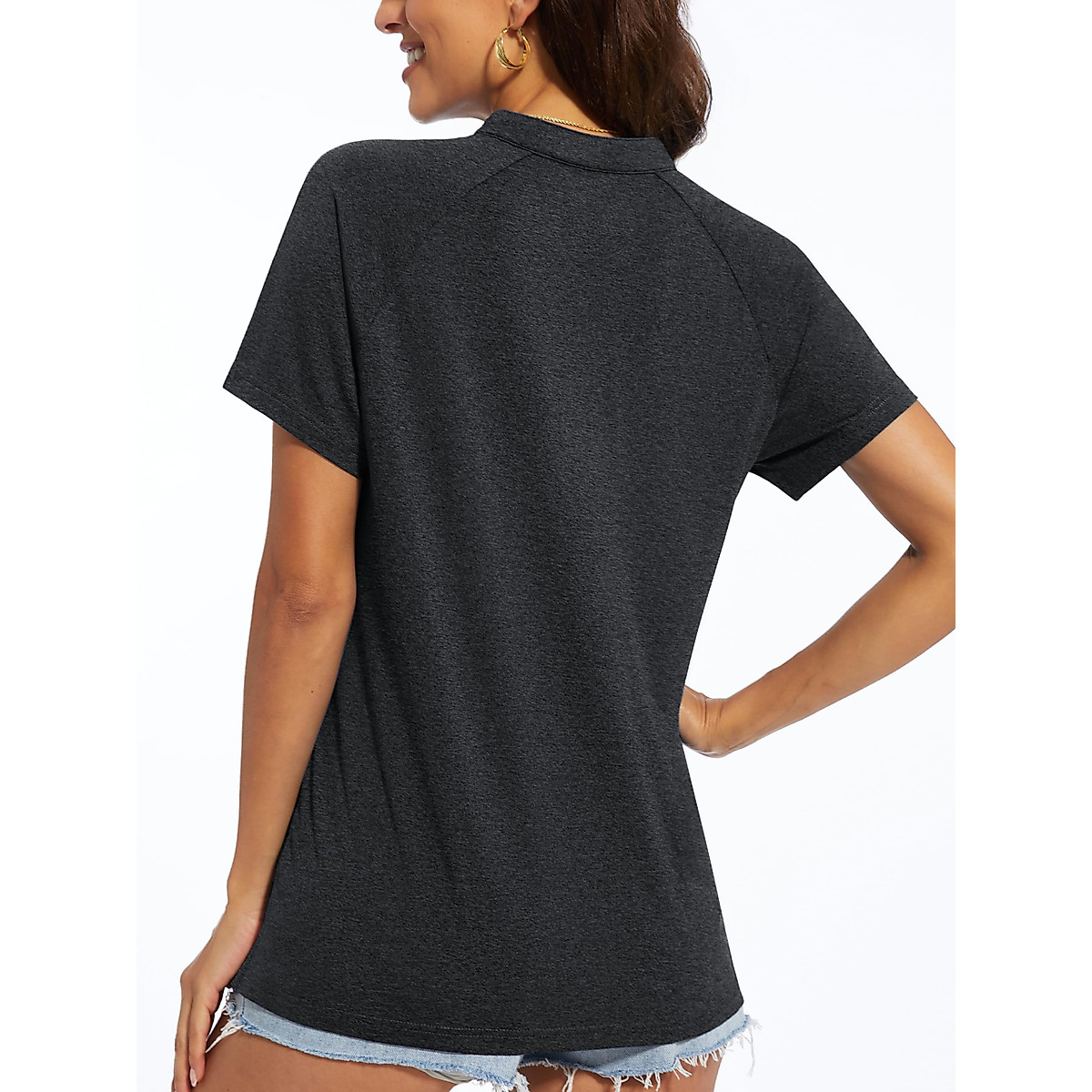 MAGCOMSEN Women's Golf Shirts V Neck Collarless Short Sleeve Polo Quick Dry Athletic Tennis Sun T Shirts Dry Fit Black,M