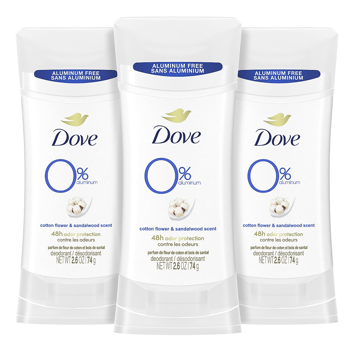 Dove 0% Aluminum Deodorant Stick Cotton Flower & Sandalwood 3 count for 48-Hour Odor Protection Aluminum Free Deodorant 2.6 oz