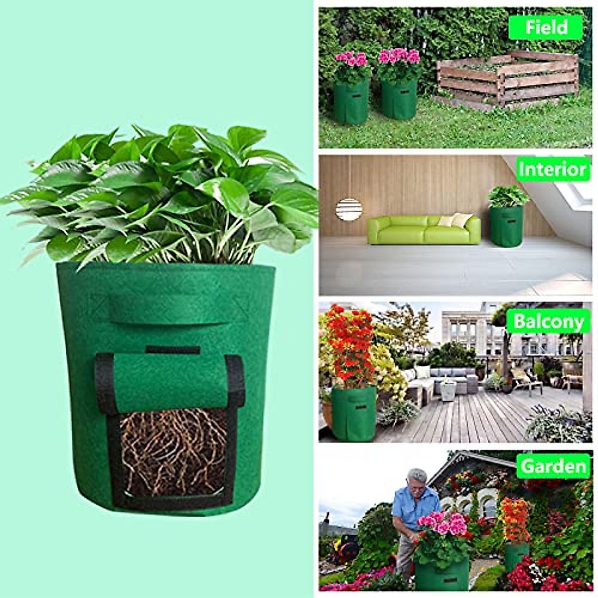 10 Gallon Grow Bags, 5Pack Potato Grow Bags with 2 Side Windows, Breathable Nonwoven Plant Bags with 2 Sturdy Handles, Garden Bags to Grow Vegetables Flower Fruit, Tomato Chili Onions Corn Etc (Green)