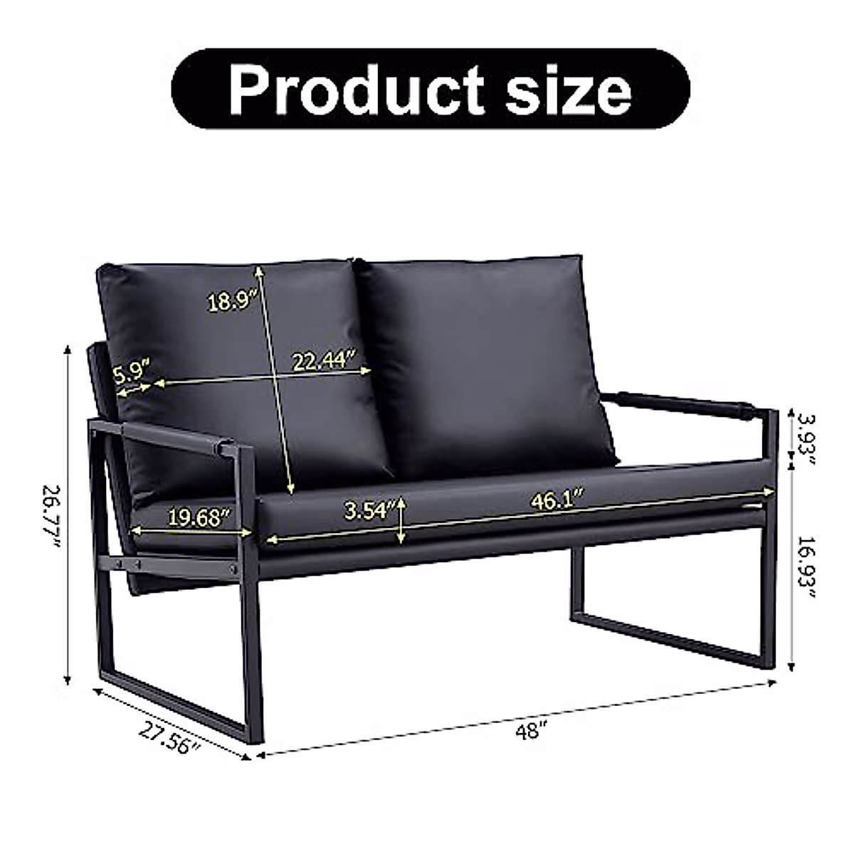 Uunquee Mid-Century Modern Loveseat Sofa,PU Leather 2 Seater Sofa Chair with 2 Pillows,Black Upholstered Accent Chair with Arms for Living Room,Office