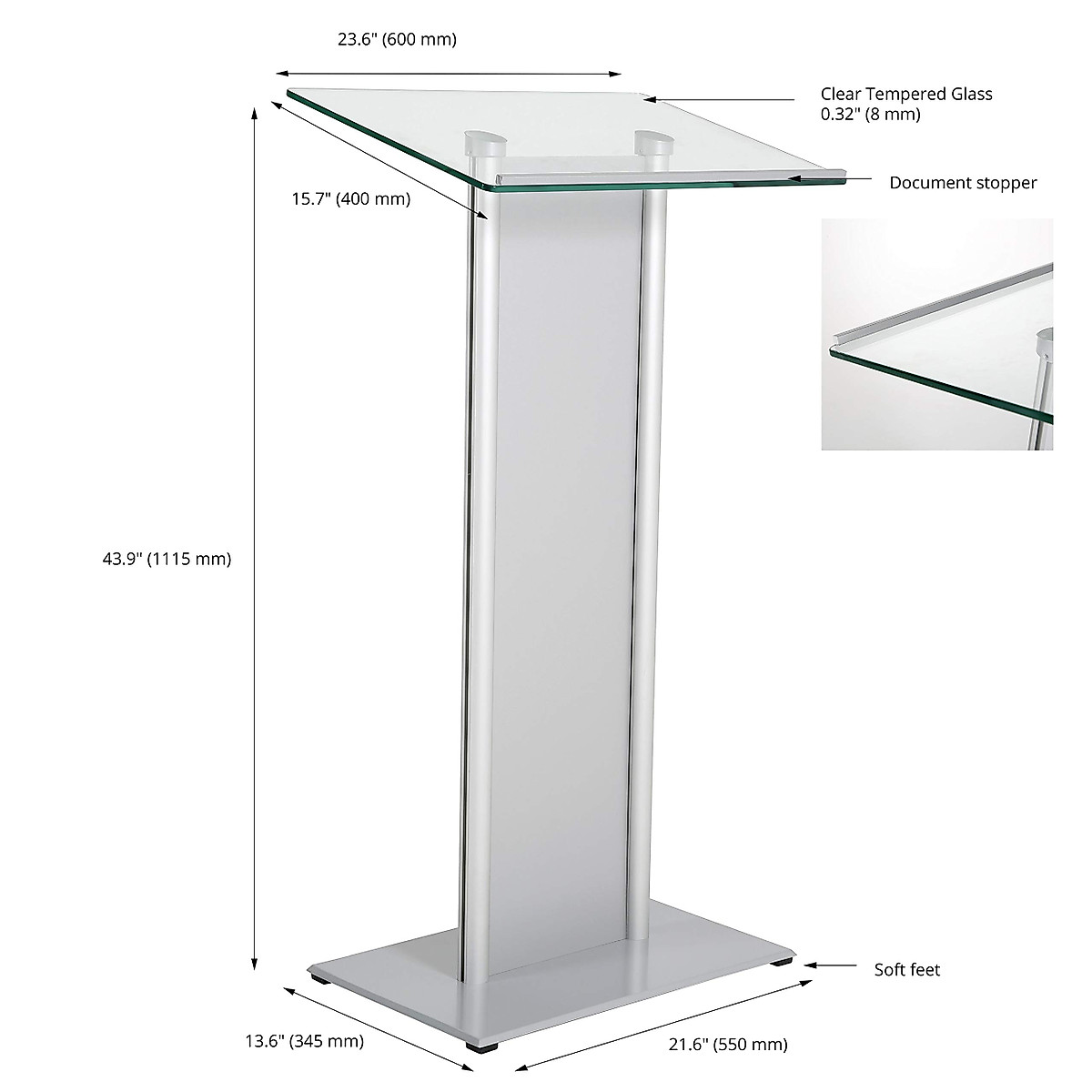 M&T Displays Tempered Clear Glass Conference Podium Stand with Aluminum Front Panel Silver Aluminum Body and Base 43.9 Inch Height Floor Standing Lectern Pulpit Desk for Classroom Church