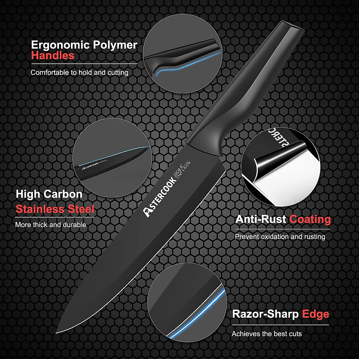 Knife Set, Astercook 21 Pieces Knife Sets for Kitchen with Block, Dishwasher Safe Kitchen Knife Set with Built-in Sharpener, German Stainless Steel Black Knife Block Set