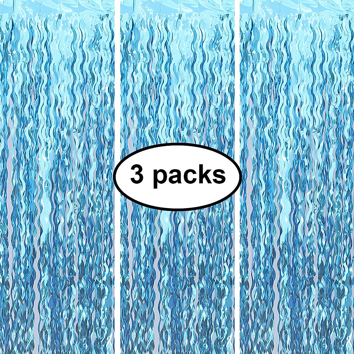 Wavy Tinsel Foil Fringe Curtain Photo Booth Props for Mermaid Birthday Under The Sea Party Decorations (3 Pack 3.2 ft X 6.6 ft Teal Blue)
