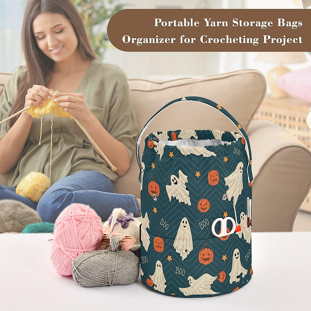 Aslsiy Yarn Bag Ghost Carry Pumpkin Basket Small Crochet Bag Halloween Knitting Project Bag for Yarns Crochet Accessories Gifts for Crocheter Knitter