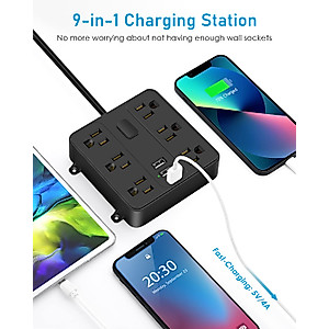 Flat Plug Power Strip, HEZI 6ft Flat Extension Cord, Surge Protector with 3 USB Ports & 6 Outlets Extender Slim Wall Mount Charging Station for Home Office Desk Black, with Plug