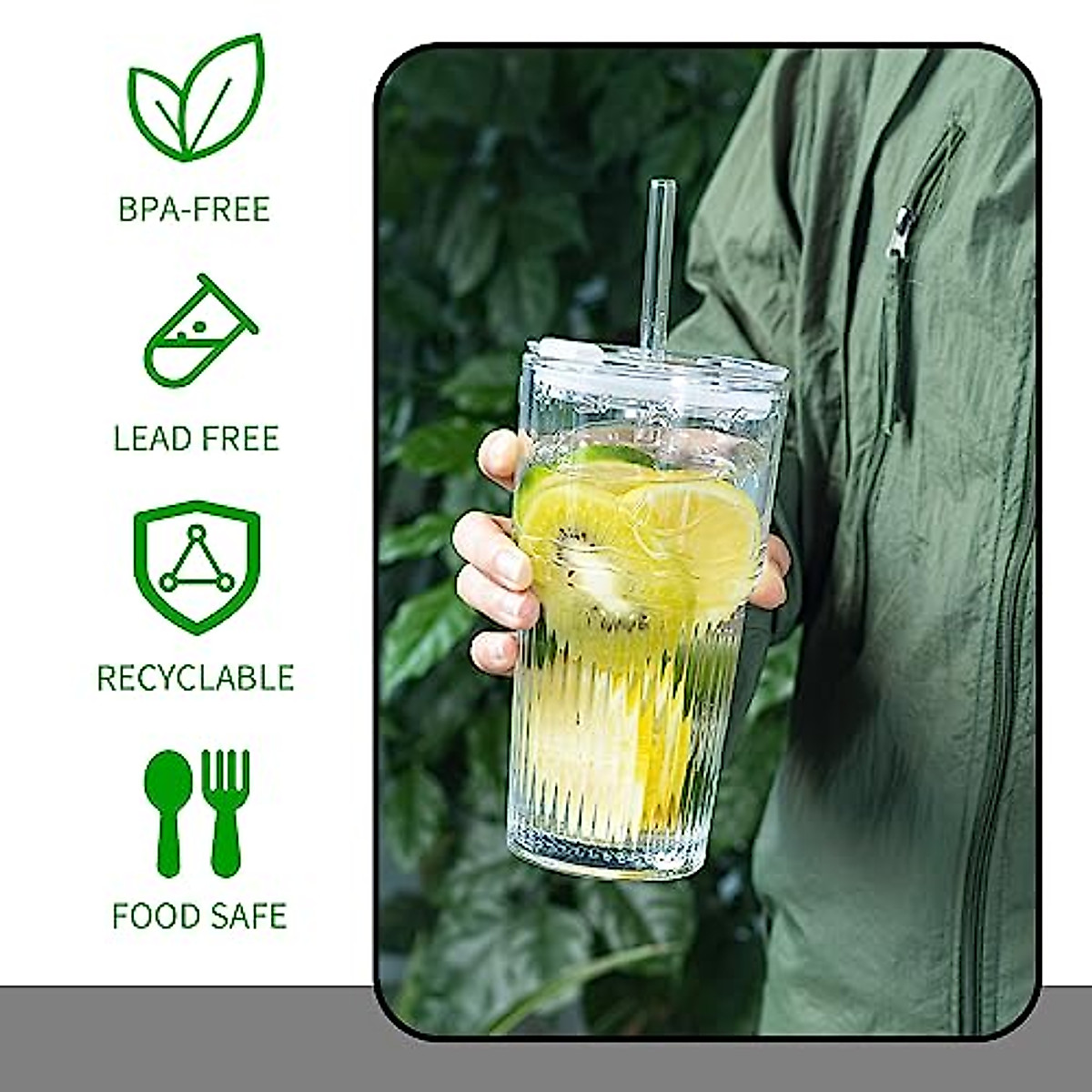 BLUEPOLAR 20oz/600ml Glass Cups With Lids and Glass Straws ，Thick Wall Iced Coffee Cup Glass Cup for Water, Iced Tea Fruit Juice Etc（Clear,2 Pack）