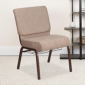 EMMA + OLIVER 21" W Church Chair, Beige Fabric Book Rack/Copper Vein Frame