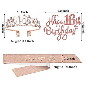 DASIGJID 16th Birthday Tiara & Sash for Girls, Rose Gold Happy Birthday Queen Princess Tiara with Combs for Girls, Queen Crystal Headbands for Hair Accessories,16th Birthday Decorations for Girls Prom