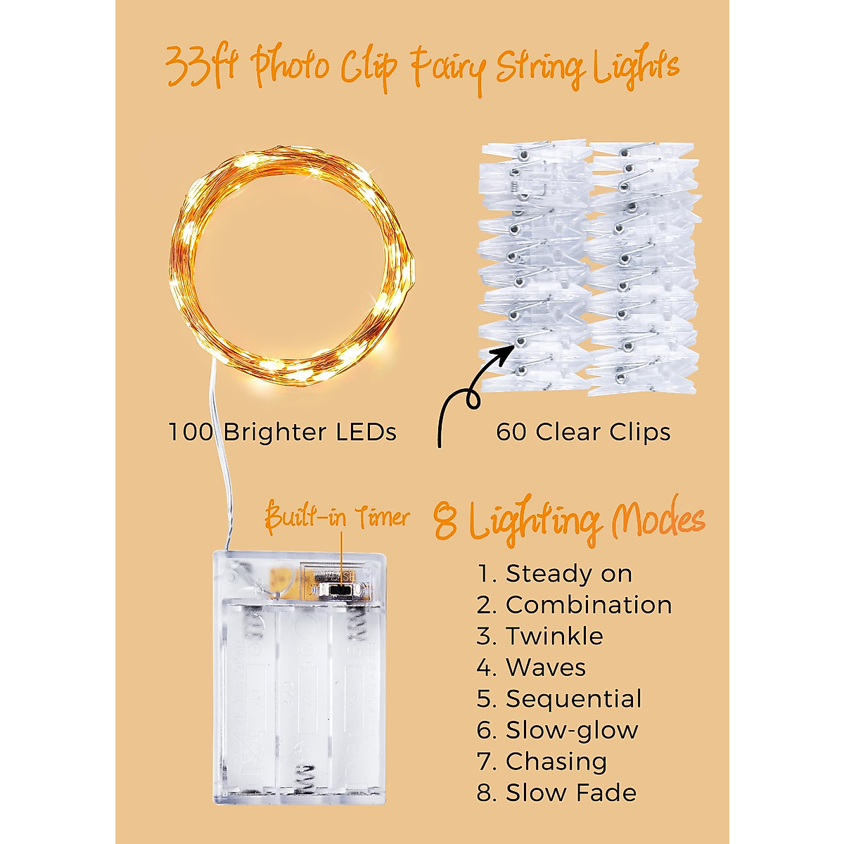 Minetom Photo Clips String Light 33ft - 100 LED Fairy Lights with 60 Clips for Hanging Pictures, Battery Operated Photo Hanger with Timer, 8 Light Modes Twinkle Lights for Room Party Decor