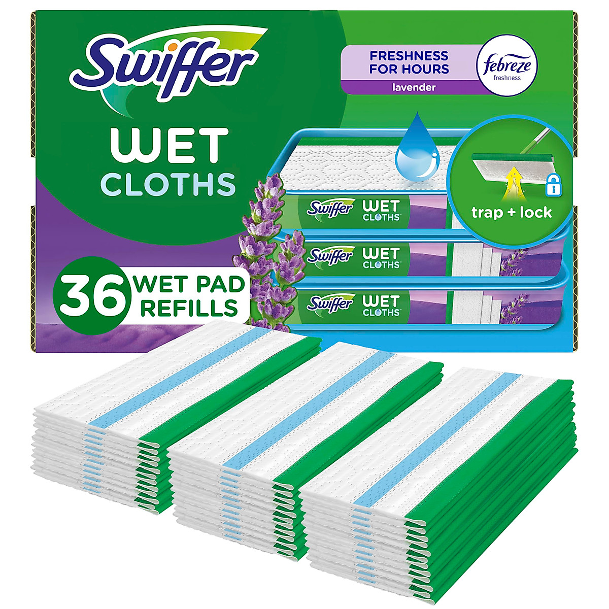 Swiffer Sweeper Wet Mopping Cloth Multi Surface Refills, Febreze Lavender Scent, 36 count