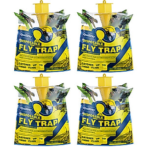 Qualirey 4 Pack Fly Traps Outdoor Hanging, Disposable Fly Killer Trap Bag Catcher for Outside Farms, Pastures, Chicken Coops, Stables, Barns, Horse, Garbage Cans, Garbage Ponds, Yard, Backyard, Patio