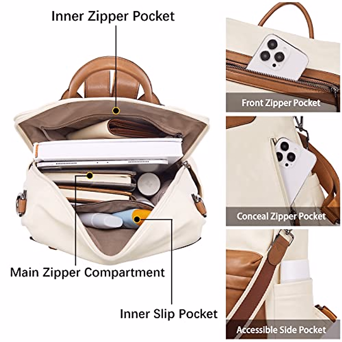 BOSTANTEN Leather Backpack Purse for Women Fashion Designer Shoulder Bag Convertible Travel Backpack Purses Brown-beige