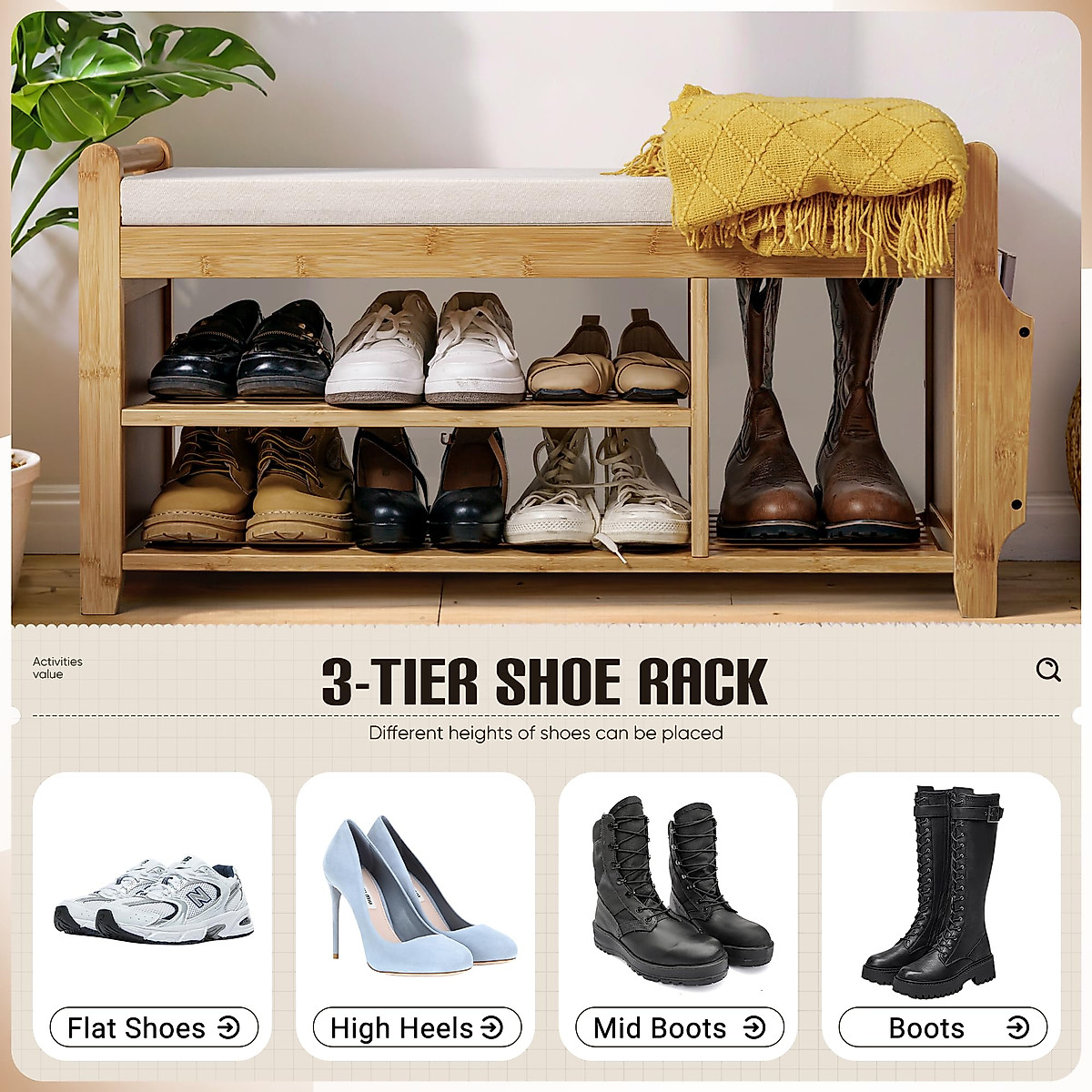 YESHOMY 2 Tier Shoe Rack Bench with Hidden Drawer and Side Holder, Bamboo Storage Organizer for Entryway Hallway Living Room, Nature