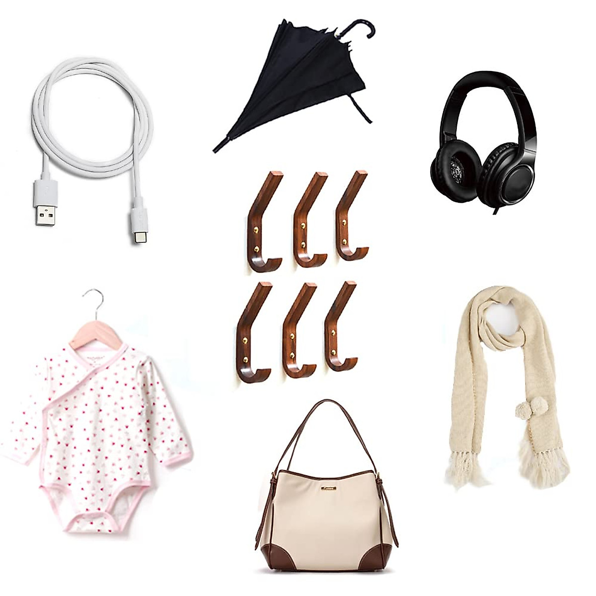 LONANGG 6 PCS Wooden Hook Retro Hook Black Walnut Coat Hook Wall Mount - Handcraft hat Rack for Clothes hat Hanger Towel, Wooden Wall Hanger Wall Organizer Decoration