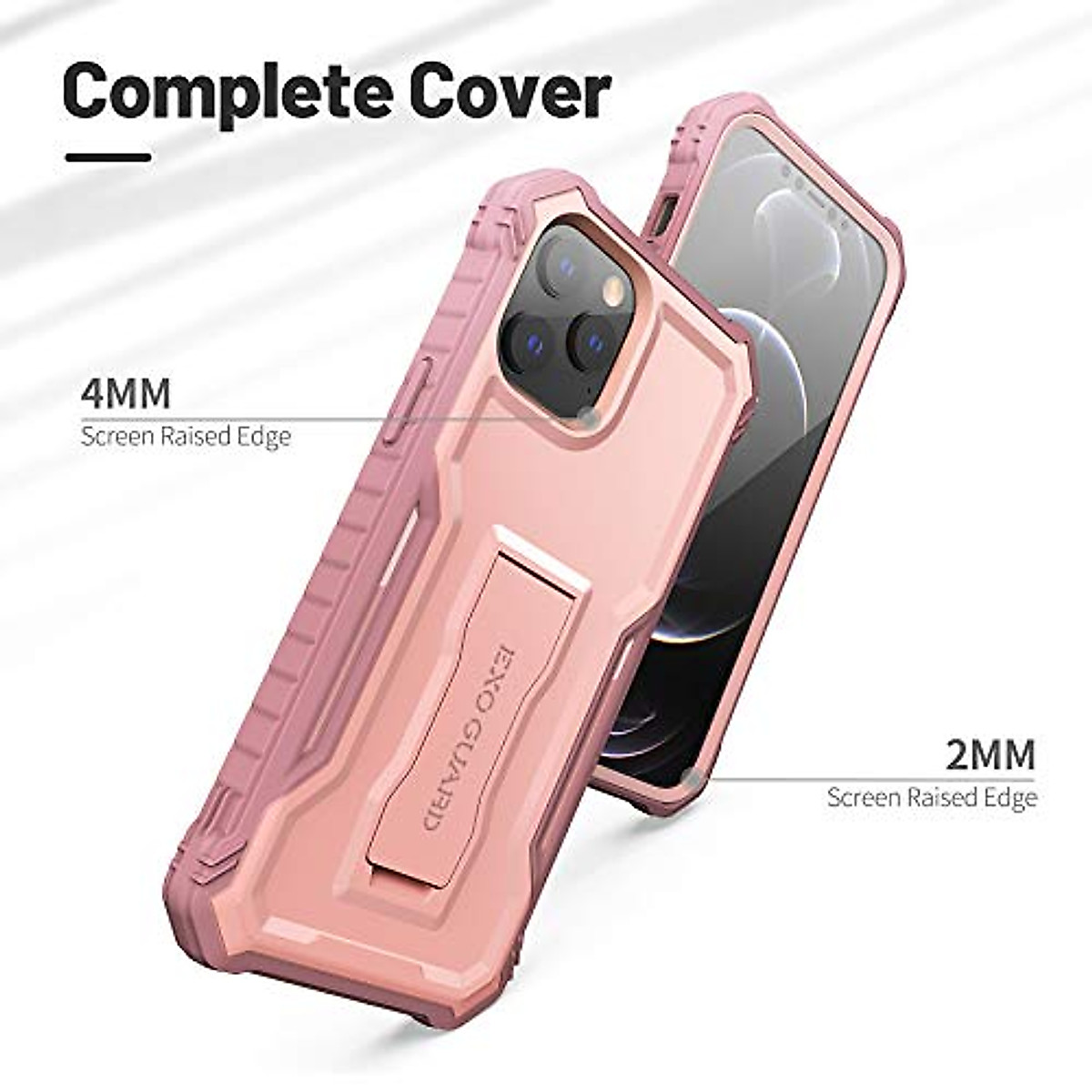ExoGuard Compatible with iPhone 12 Pro Max Case, Rubber Shockproof Full-Body Cover Case Built-in Screen Protector with Kickstand for iPhone 12 Pro Max 6.7 inch Phone (Pink)