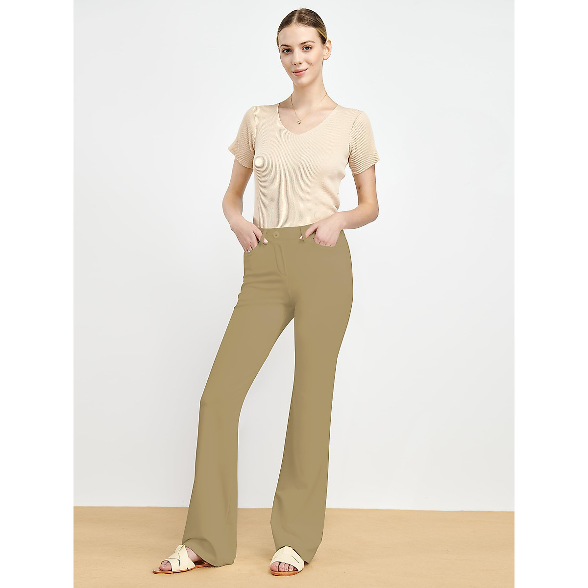 Tapata Women's 28''/30''/32''/34'' Stretchy Bootcut Dress Pants with Pockets Tall, Petite, Regular for Office Work Business 32",Oatmeal,M