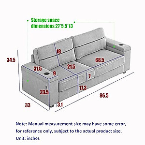Miscoos 86.5" Deep Seat Loveseat Couch-Corduroy Sofa with Storage Armrests, Oversized Loveseat Couch with Charging Ports, 3 Seater Big Comfy Couch with Cup Holders, I-Shape Couches for Living Room