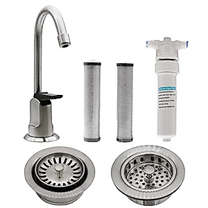 Westbrass CO132-20 6" Touch-Flo Style Pure Cold Water Dispenser Faucet Kit with Filter, 2-Pack Replacement Cartridges, Kitchen Sink Basket Strainer & Waste Disposal Trim Set, Stainless Steel