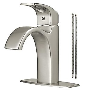 Hoimpro Waterfall Brushed Nickel Single Hole Bathroom Faucet, Single Handle Bathroom Vanity Sink Faucet, Rv Vanity Faucet, Brushed Nickel (1 or 3 Hole)