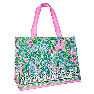 Lilly Pulitzer Pink/Green XL Market Shopper Bag, Oversize Reusable Grocery Tote with Comfortable Shoulder Straps, Suite Views
