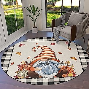 Thanksgiving Plaid Round Area Rug 3ft,Washable Outdoor Indoor Carpet Runner Rug for Bedroom,Kitchen,Living Room,Office,Area+Rug Small Bath Door Desk Floor Mat Buffalo Check Gnome Pumpkins Black Beige