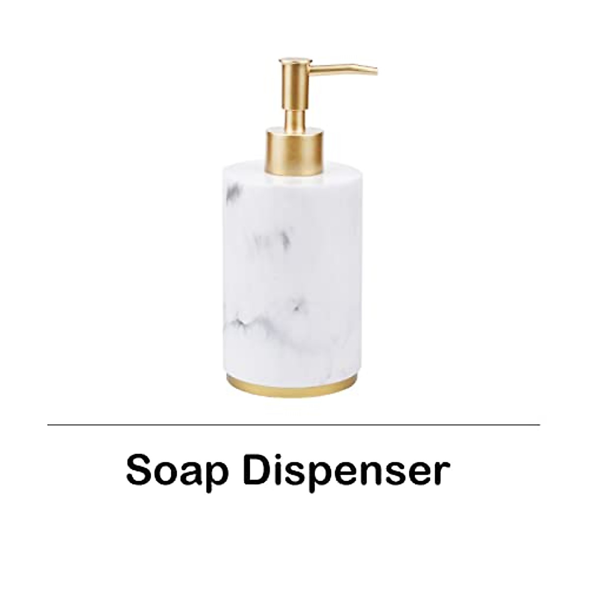 5-Piece Bathroom Counter Top Accessory Set - Dispenser for Liquid Soap or Lotion, Soap Dish, Toothbrush Holder and 2 Tumblers, Gold Base, Marble Pattern Resin (White)