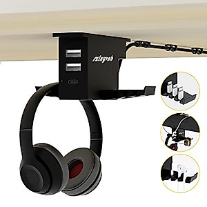 Headset Holder with USB Port Under Desk Headphone Stand Gaming Desk Accessories, Dual Earphone Hangers Hook(USB Type-C + A Included)