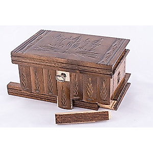 Kalotart Jewelry and Secret Box 2 in 1 - Handmade Wooden Case with Hidden Key and Removable Compartments - Beautiful Classical Wooden Carved Jewelry Lock Box (All brown)