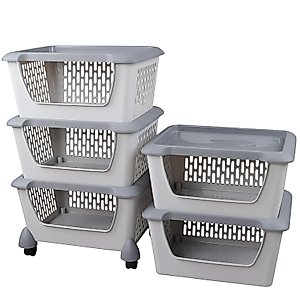 Kiddream 5 Tiers Plastic Stackable Baskets with Wheels, Grey Stacking Organizer Basket Bins