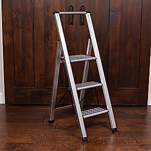 BirdRock Home 3-Step Slim Aluminum Step Ladder - Sturdy Thin Folding Stool - 3 Anti-Slip Steps - Wide Platform - Great for Your Kitchen, Pantry, Closets, or Home Office - Indoor Stool - Silver