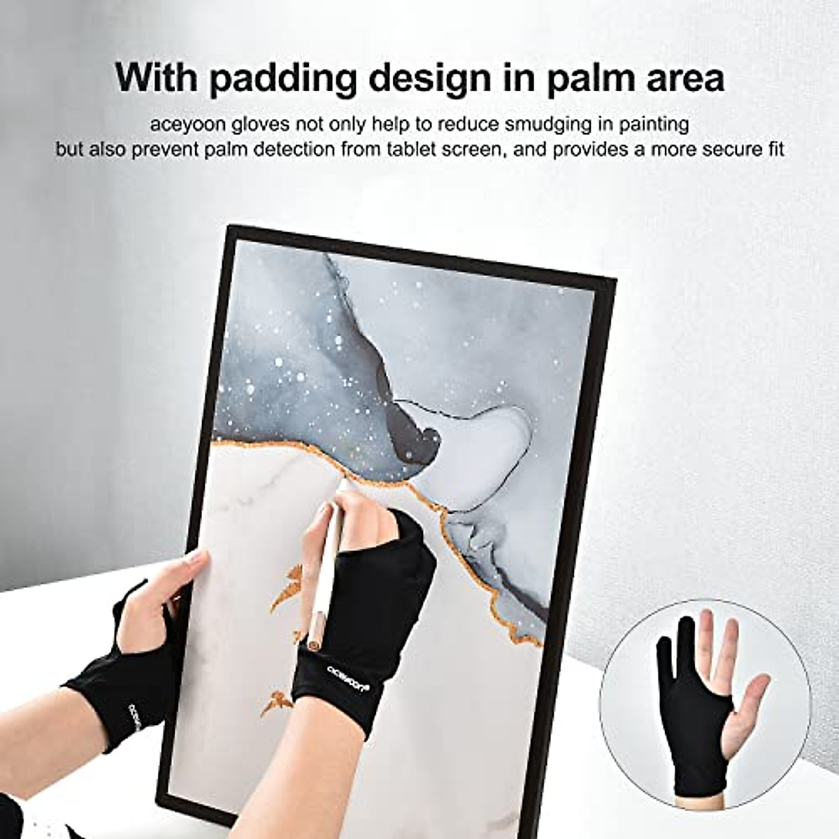 aceyoon [Upgrade] 2Pack Drawing Glove, Two-Finger Artist Gloves for Digital Graphic Tablet, Elastic Painting Gloves for Right/Left Hand Artists, for Paper Sketching, iPad, Painting