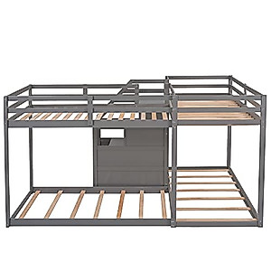 Merax Twin Over Twin L-Shaped Bunk Bed with Built-in Middle Staircase, Twin Size Wooden Bunk Bed for Teen, Grey