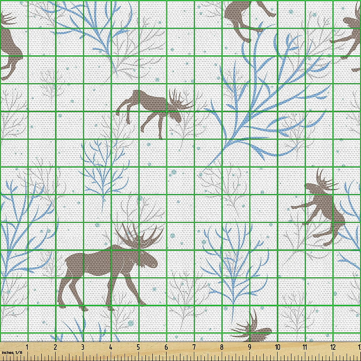 Ambesonne Moose Fabric by The Yard, Winter Forest Retro Style Illustration Reindeer and Trees Snowy Xmas Nature, Decorative Fabric for Upholstery and Home Accents, 1 Yard, Blue Brown