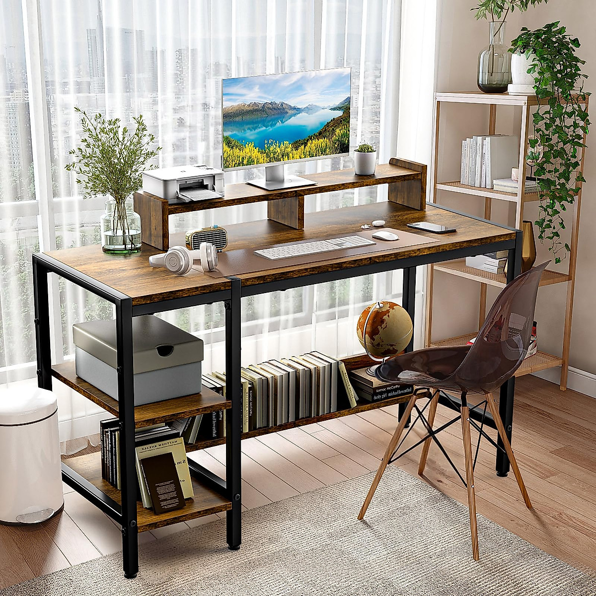 Gimars Upgrade 47” Computer Home Office Desk with Monitor Stand, Rustic Writing Desk with Adjustable Shelves & Large Bookshelf, Easy Assembly Gaming Desk, Spacious, Modren Design for Home Office