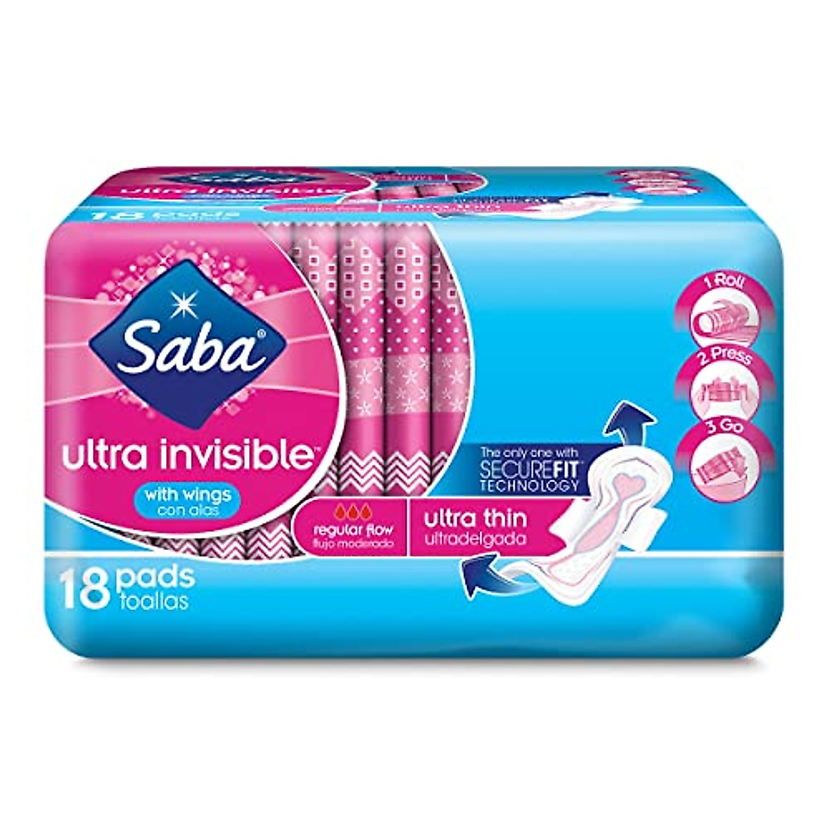 Saba Ultra Invisible Ultra Thin Pads with Wings, 108 Count (6 Packs of 18)