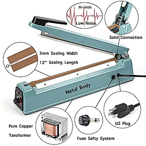 12 inch Impulse Heat Sealer Packing Bags Closer Sealing Machine Copper Transformer Manual for Food Storage Plastic Mylar Shrink Wrap Bags with Extra Fuse Replace Elements