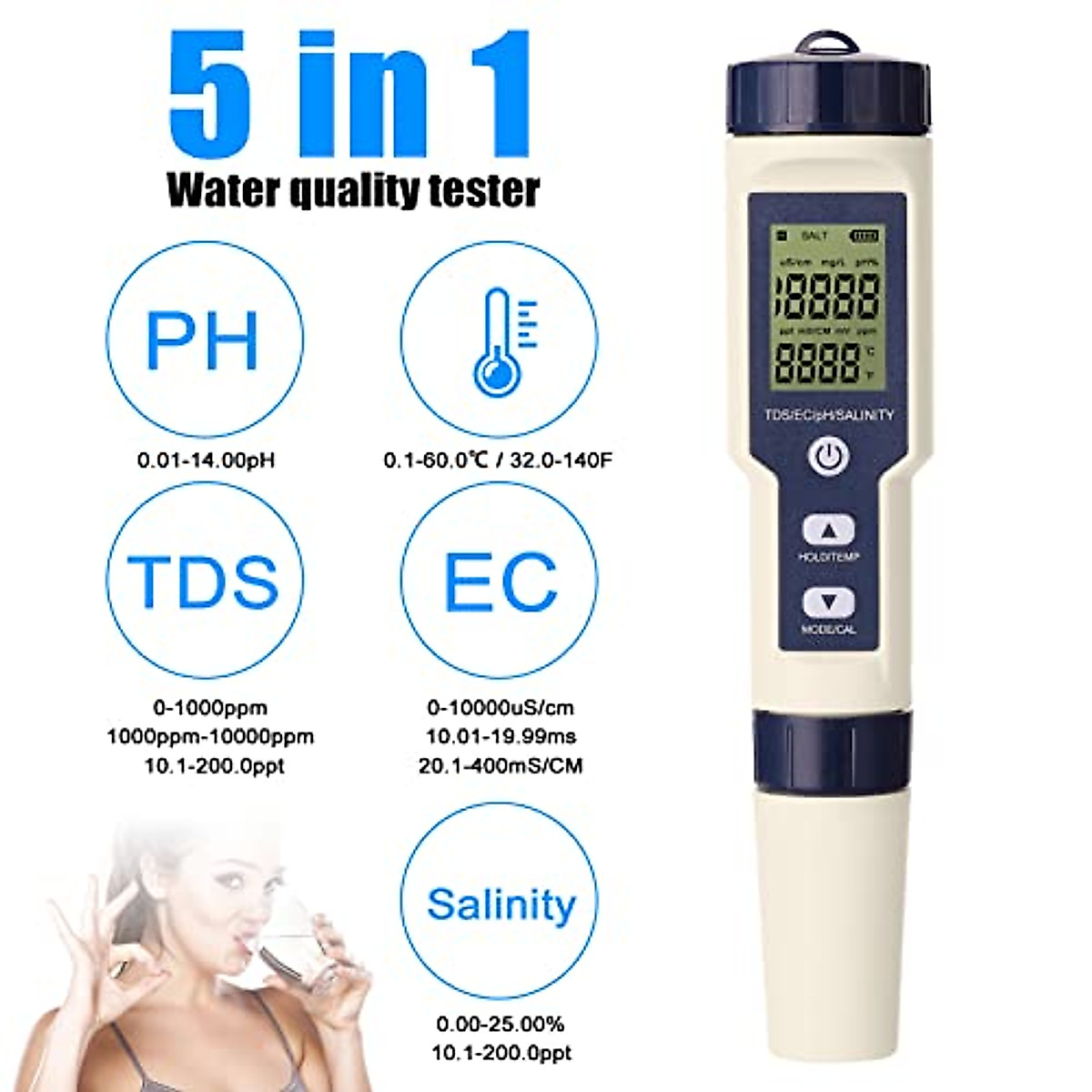 Water Quality Tester, Geevorks 5 in 1 PH/EC/TDS/Salinity/Thermometer Digital Multi-Function Tester with 3 PH Buffer Powders