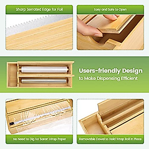 Soligt 2 in 1 Foil and Plastic Wrap Organizer | Aluminum Foil Dispenser with Serrated Edge | Plastic Wrap Dispenser with Cutter | Bamboo Kitchen Drawer Organizer Fit Parchment, Wax Paper
