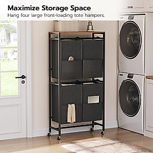 HOOBRO Rolling Laundry Sorter 4 Sections, 2 Tier Vertical Laundry Hamper with Wheels, 52 Gal (198L), Laundry Baskets for Laundry Room, Bedroom, Bathroom, Cloakroom, Rustic Brown and Black BF71XY01