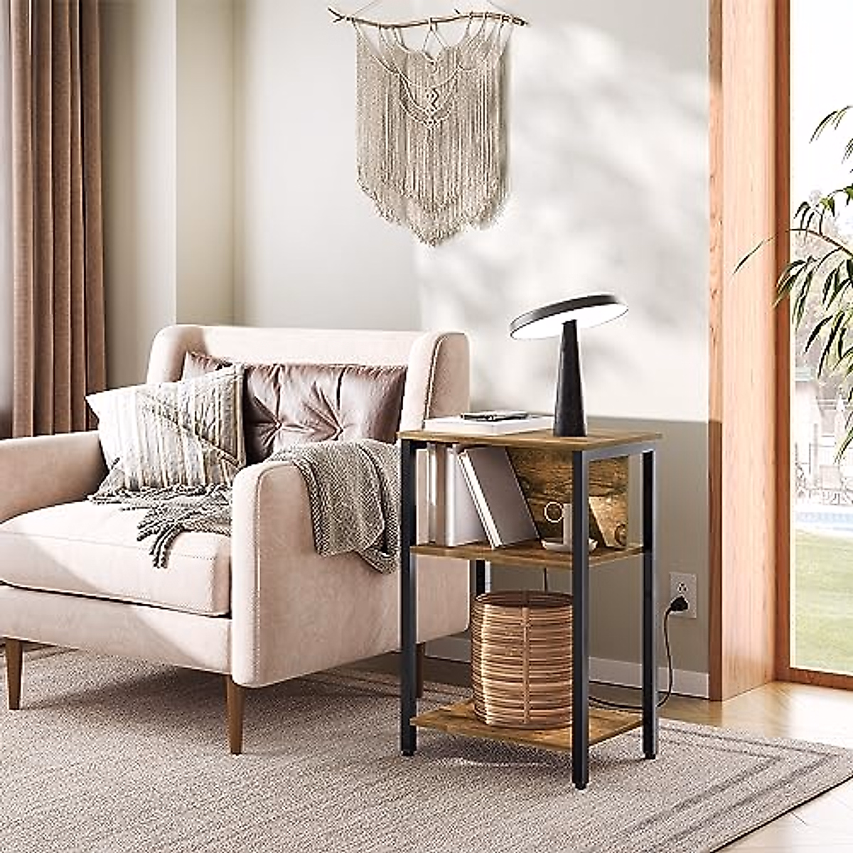 YATINEY Nightstands Set of 2, End Tables with Charging Station and Type C, Side Table with Open Storage Shelf, Bedside Table for Small Spaces, Rustic Brown and Black ET58L2BR