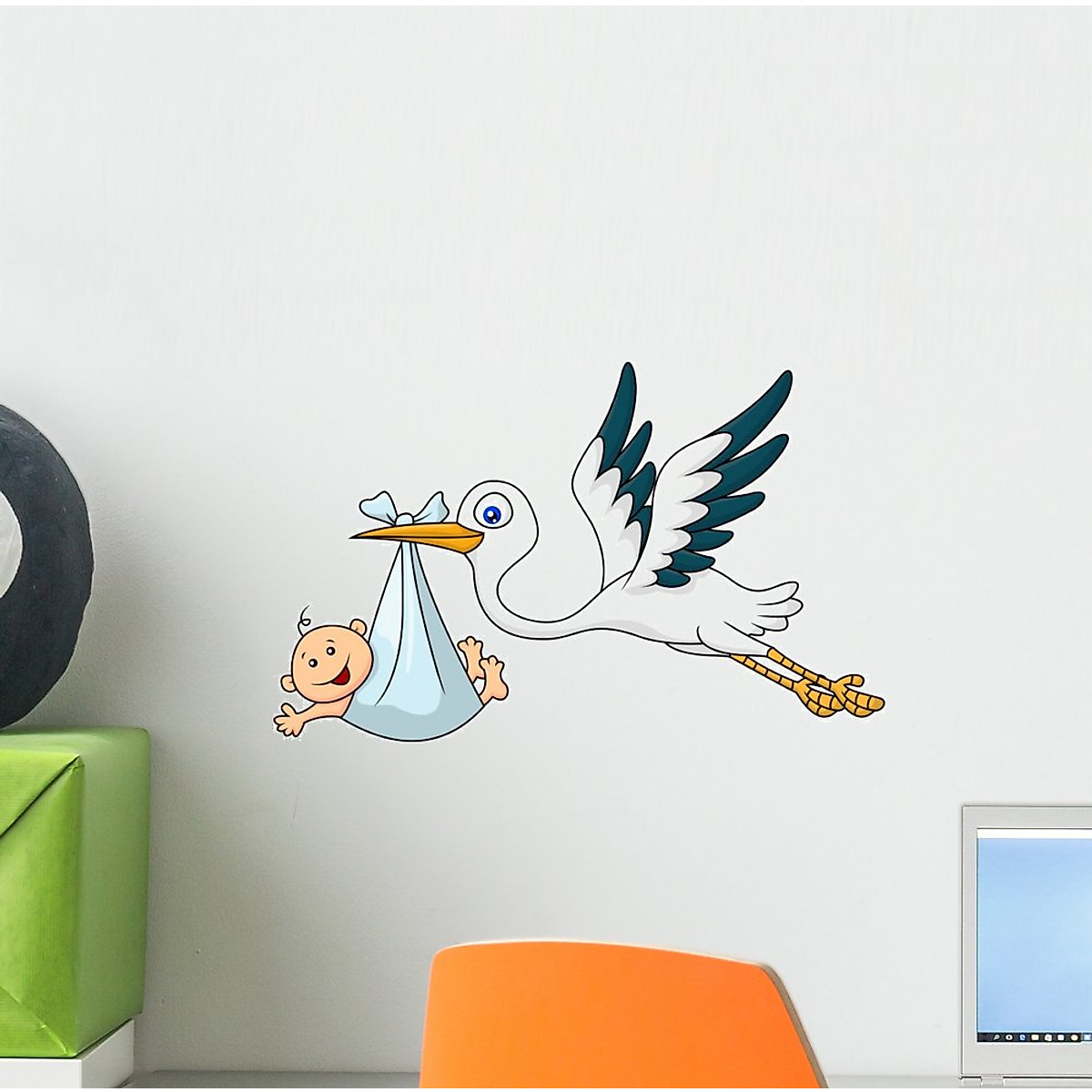 Wallmonkeys Stork with Baby Wall Mural Peel and Stick Graphic (12 in W x 7 in H) WM31785