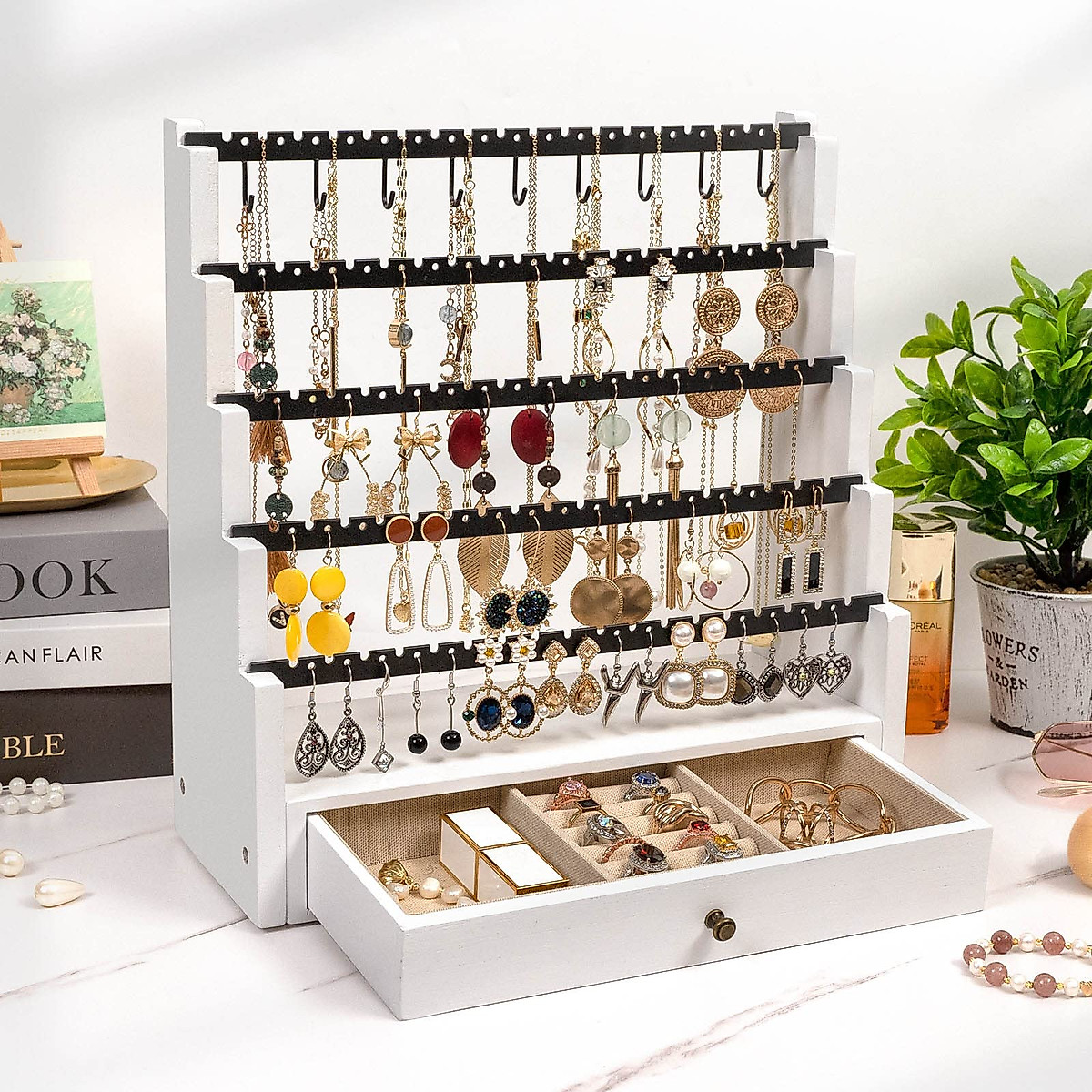 Pinzoveco Earring Organizer, 5 Layer Earring Holder Organizer with Necklace Holder Pole, Rustic Wood Jewelry Organizer Stand Display for Stud Earring Bracelet Necklace Ring, 175 Earring Holes