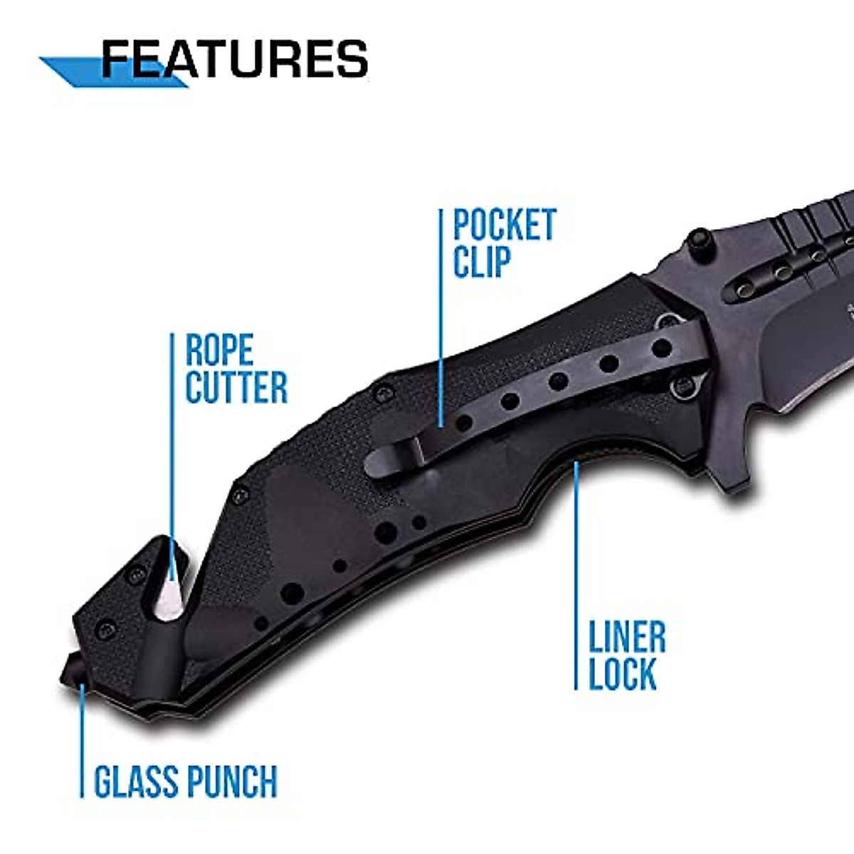 MTech USA – Spring Assisted Folding Knife – Black Stainless Steel Blade and Black Aluminum Handle with Rope Cutter, Glass Punch and Pocket Clip - Hunting, Camping, Survival, Tactical, EDC – MT-A845BK