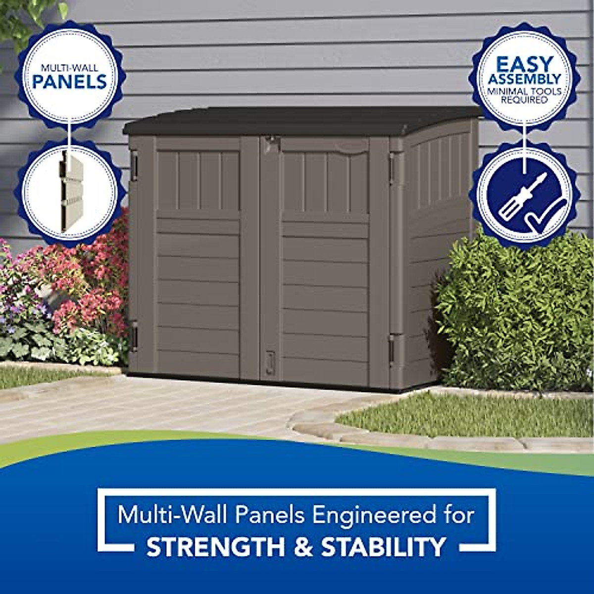 Suncast 4' x 2' Horizontal Storage Shed - Natural Wood-Like Outdoor Storage - Stoney & 33 Gallon Hideaway Can Resin Outdoor Trash with Lid Use in Backyard, Deck, or Patio, 33-Gallon, Brown