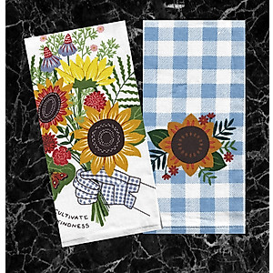Celebrate Kitchen Towel Set of 2, Sunflowers Blue and White Buffalo Plaid Dishtowels