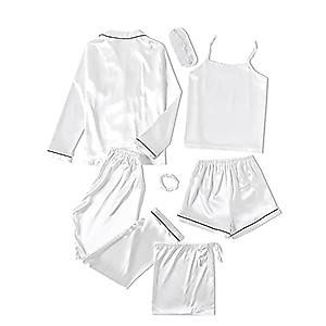LYANER Women's Pajamas Set 7pcs Silk Satin Sleepwear Loungewear Cami Shirt Pj Set White Small