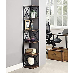 RAAMZO 6-Tier Industrial Wall Corner Bookshelf Bookcase Display Storage Rack Accent Etagere with X-Design in Walnut Finish and Black Frame